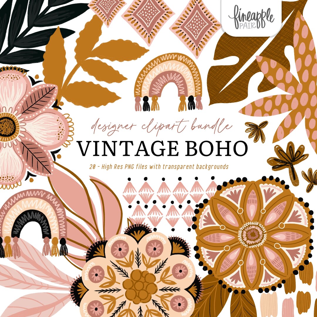 Vintage Boho Floral Clipart: Hand-drawn Flower PNG (digital Download ...