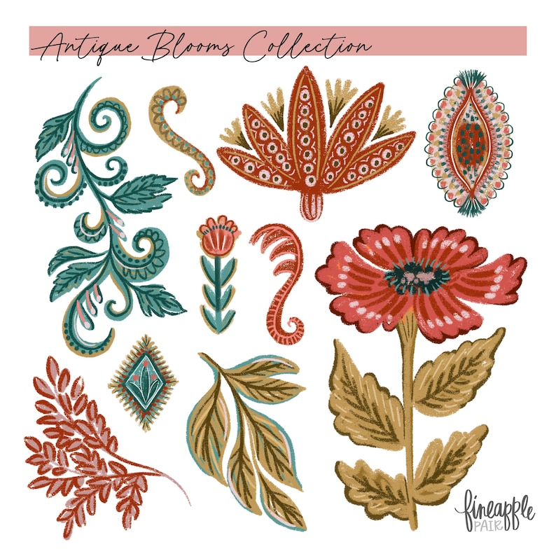 Antique Floral Clipart: Red Flower PNG, Bohemian Design (digital ...