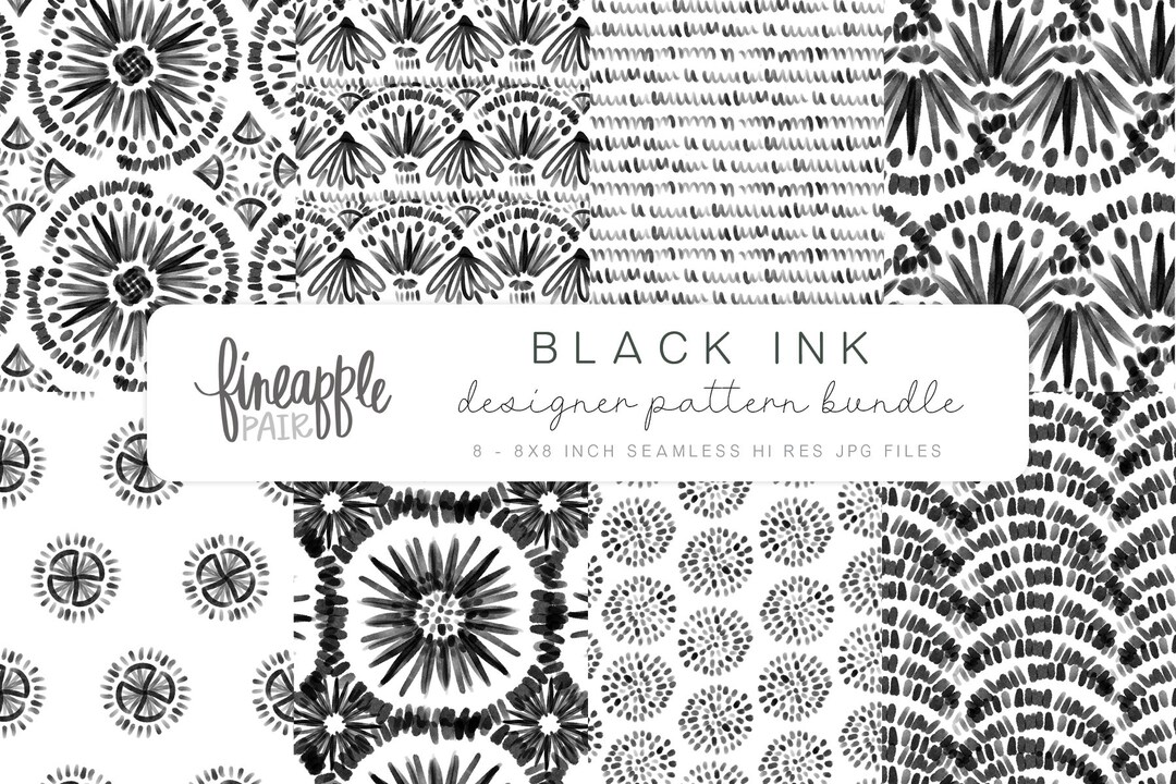 Black & White Watercolor Tile Patterns: 8x8 Digital Paper (digital ...