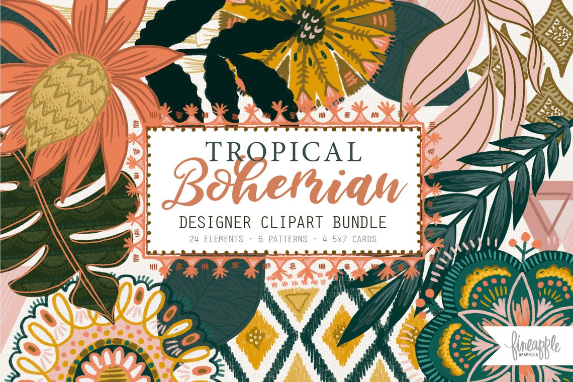 Boho Chic Clipart Boho Digital Paper Bohemian Tropical | Etsy