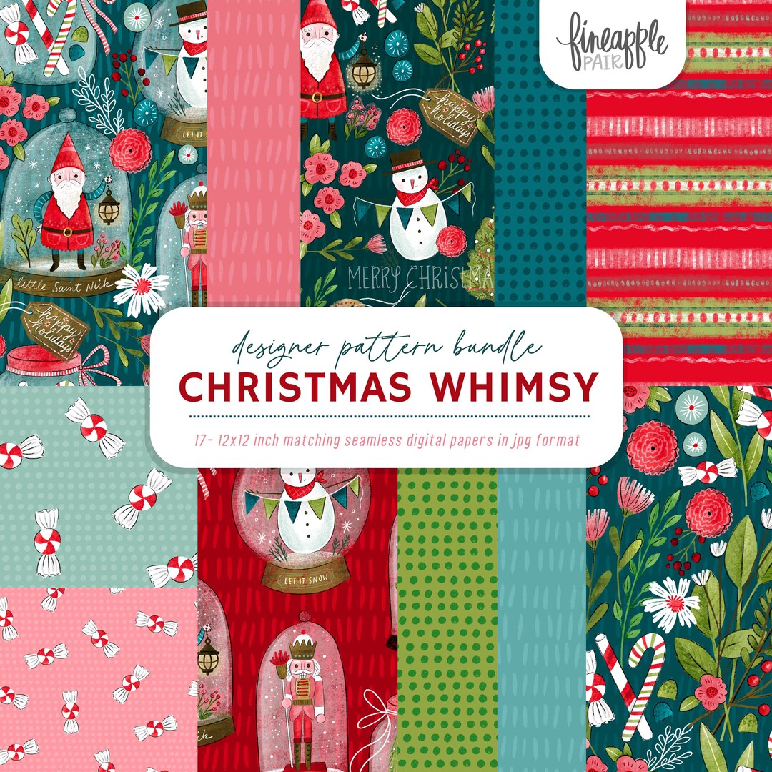 Whimsical Christmas Pattern Bundle, Santa, Snowglobe (JPG Digital ...