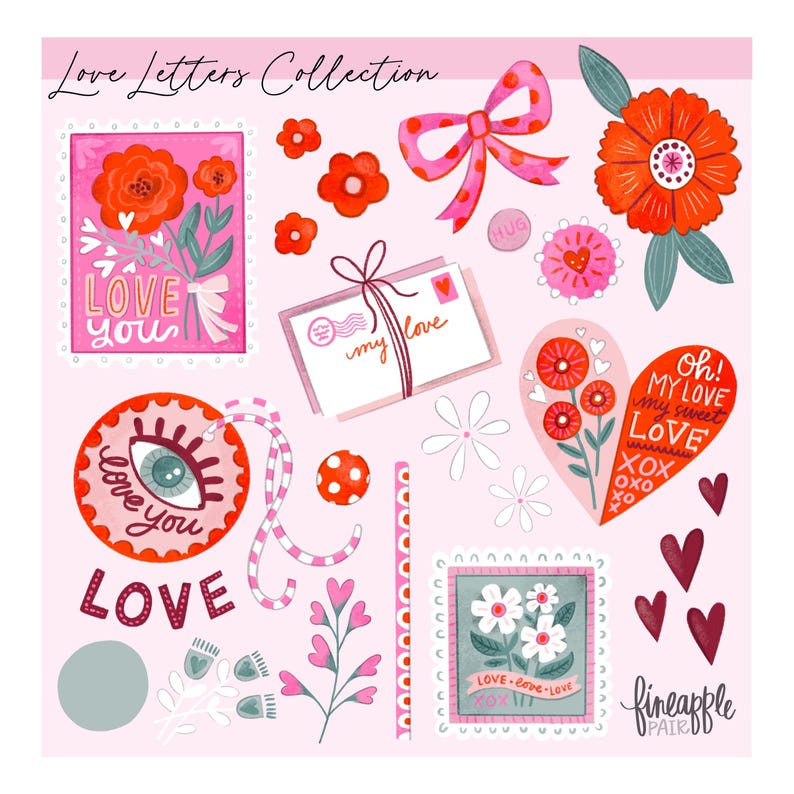 Love Letters Clipart Bundle | Floral Hearts, Valentine PNG (digital ...