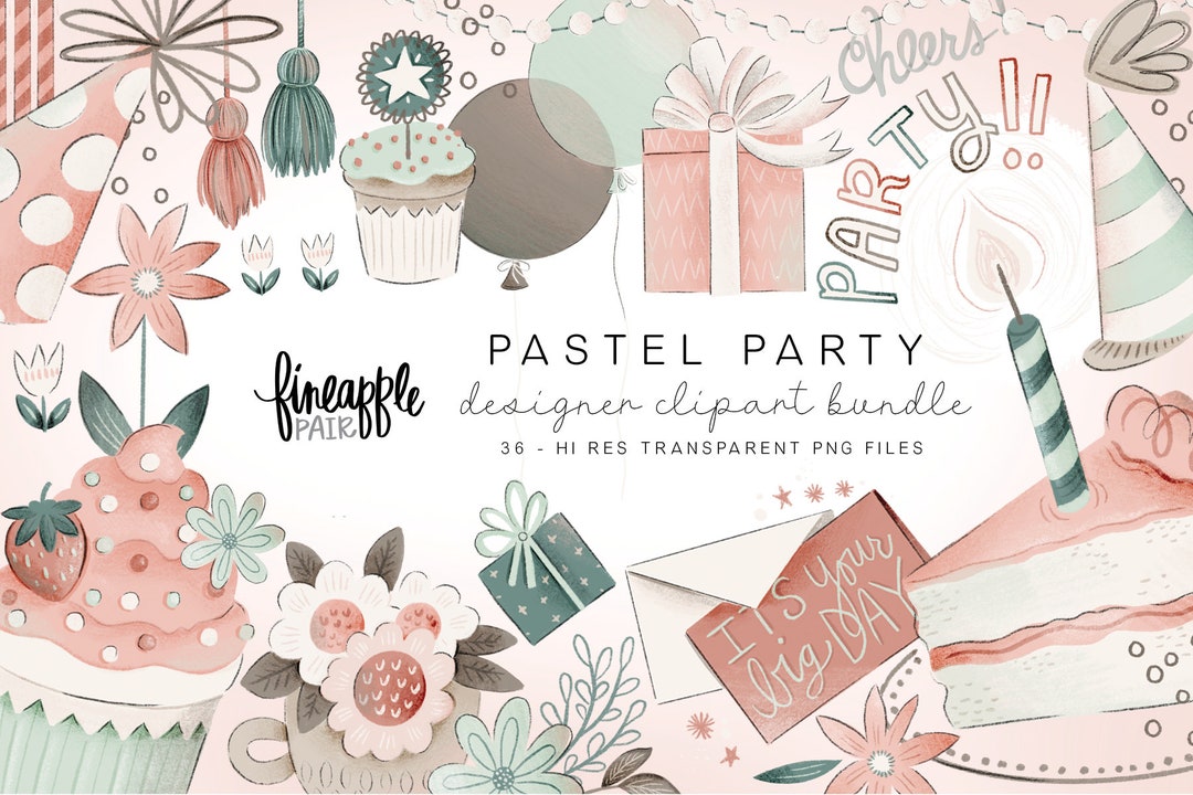 Girl Birthday Clipart, Pastel Party Clipart, Birthday Balloons Clipart ...