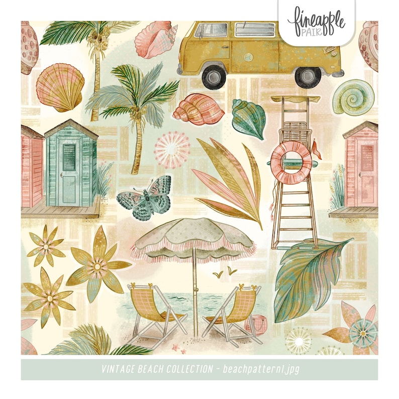 Vintagebeachprints, Retrobeachpattern, Softpastelbeach, Palmspringsart ...