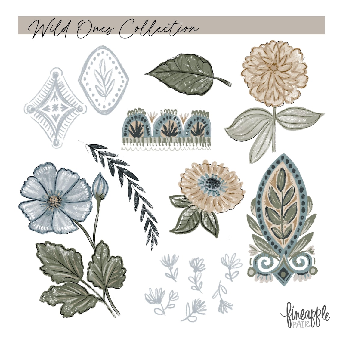 Boho Floral Clipart: Hand-drawn Flowers, Slate Blue, Olive Green (PNG ...