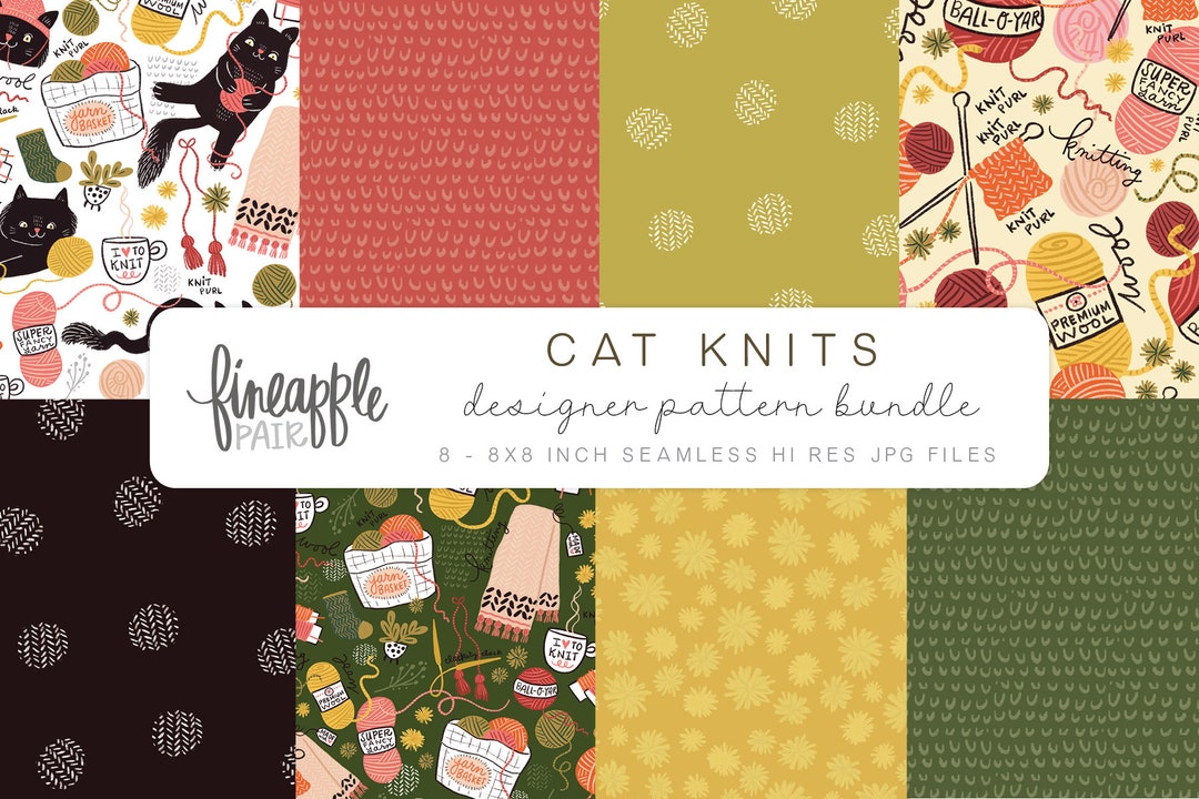 Knitting Digital Paper, Knitting Clipart, Cats and Yarn Patterns ...