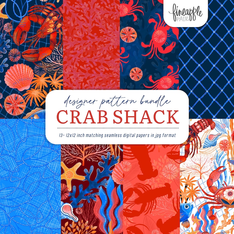 Seafood Pattern Bundle: Nautical Crab, Lobster & Shrimp Designs (JPG ...