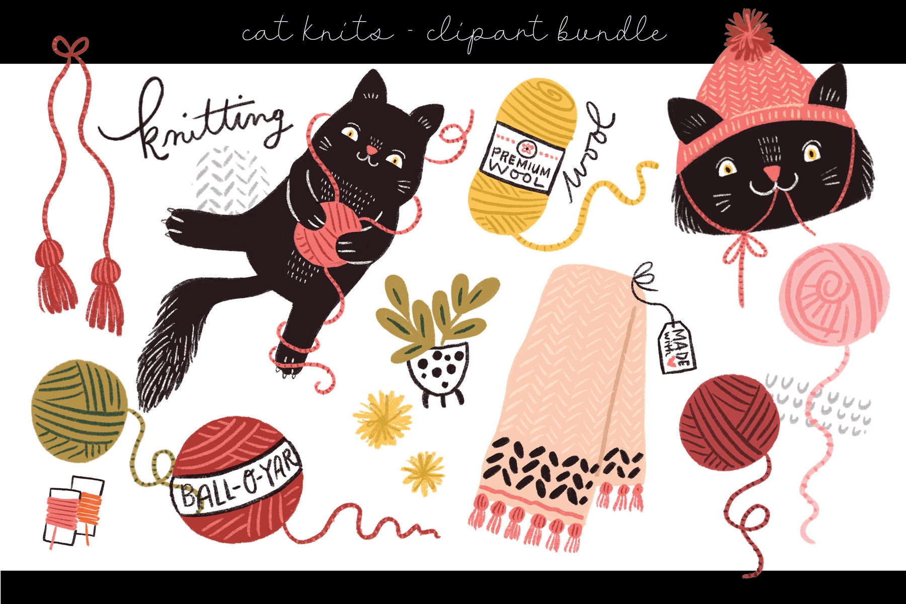 Knitting Clipart Knitting Pngs Cats and Yarn Clipart Cute - Etsy