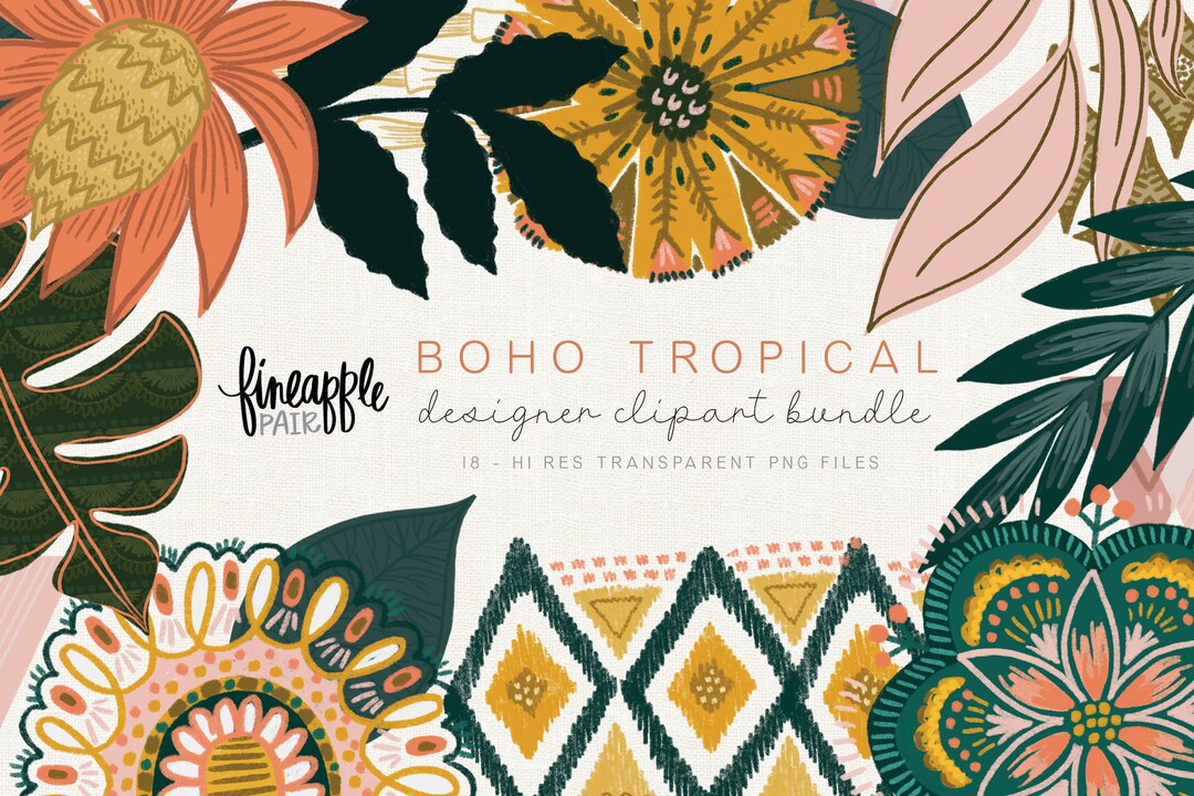 Boho Chic Clipart, Boho Digital Paper, Bohemian Tropical Graphics, Boho ...