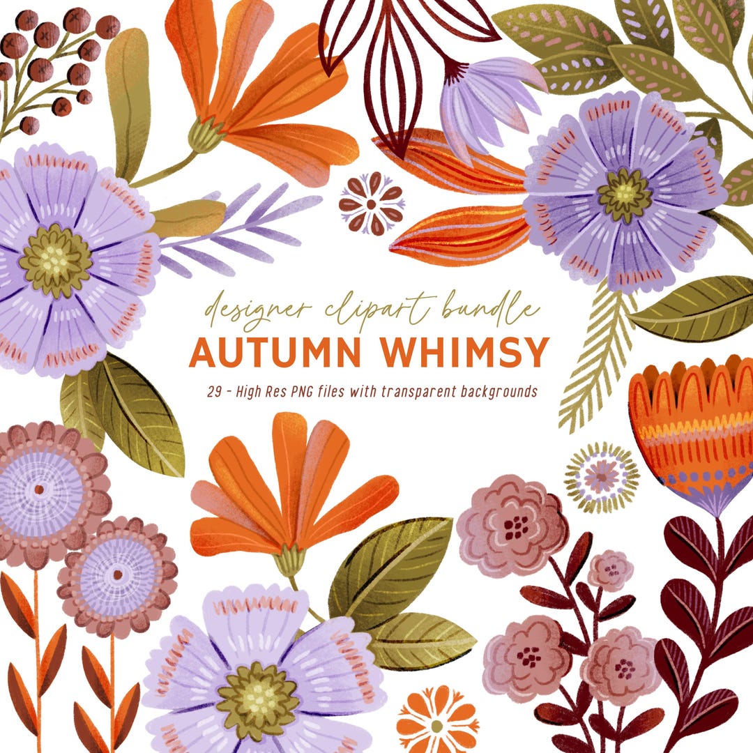 Whimsical Fall Floral Clipart: Hand-drawn Autumn Flowers (pngs, Digital ...