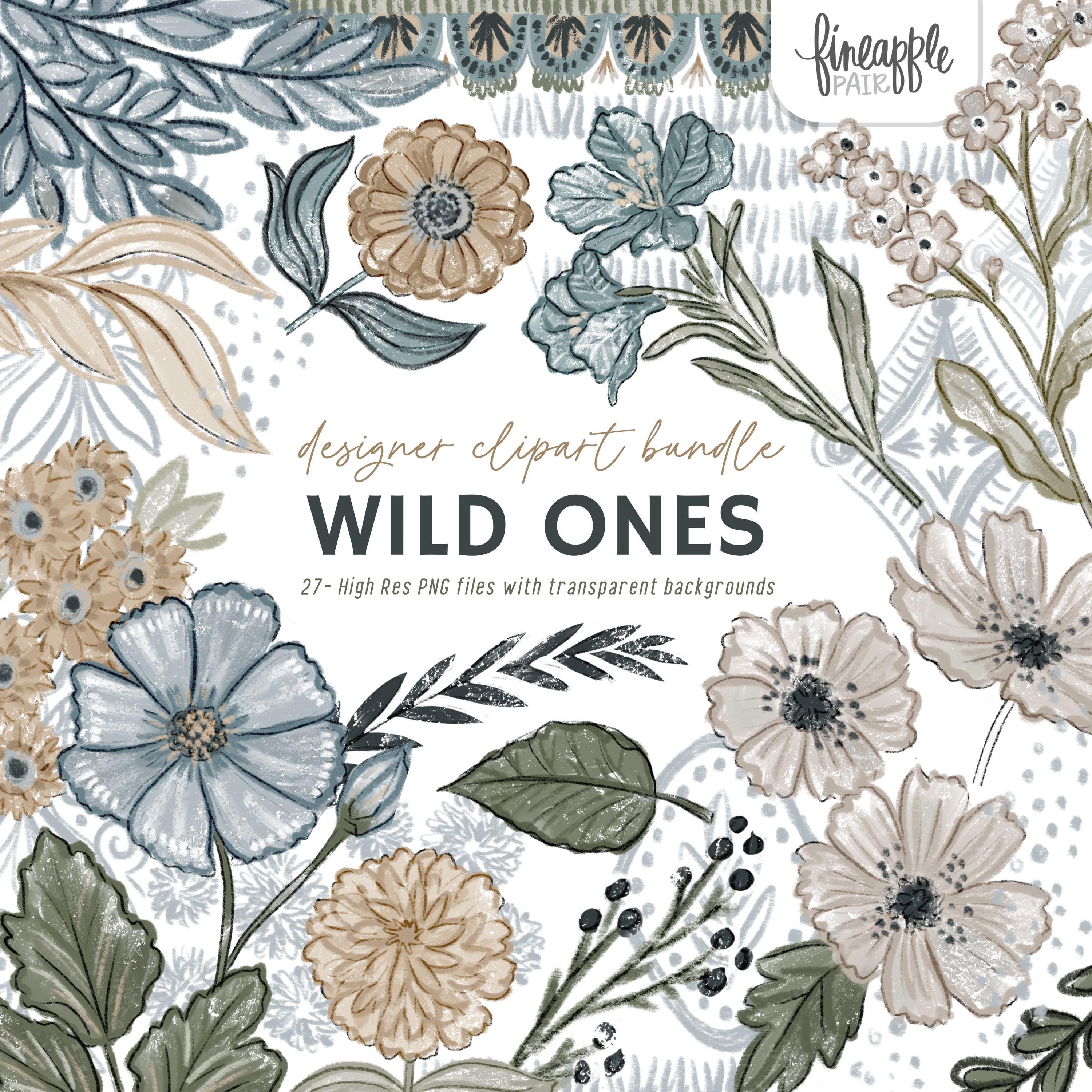 Boho Floral Clipart: Hand-drawn Flowers, Slate Blue, Olive Green (PNG ...