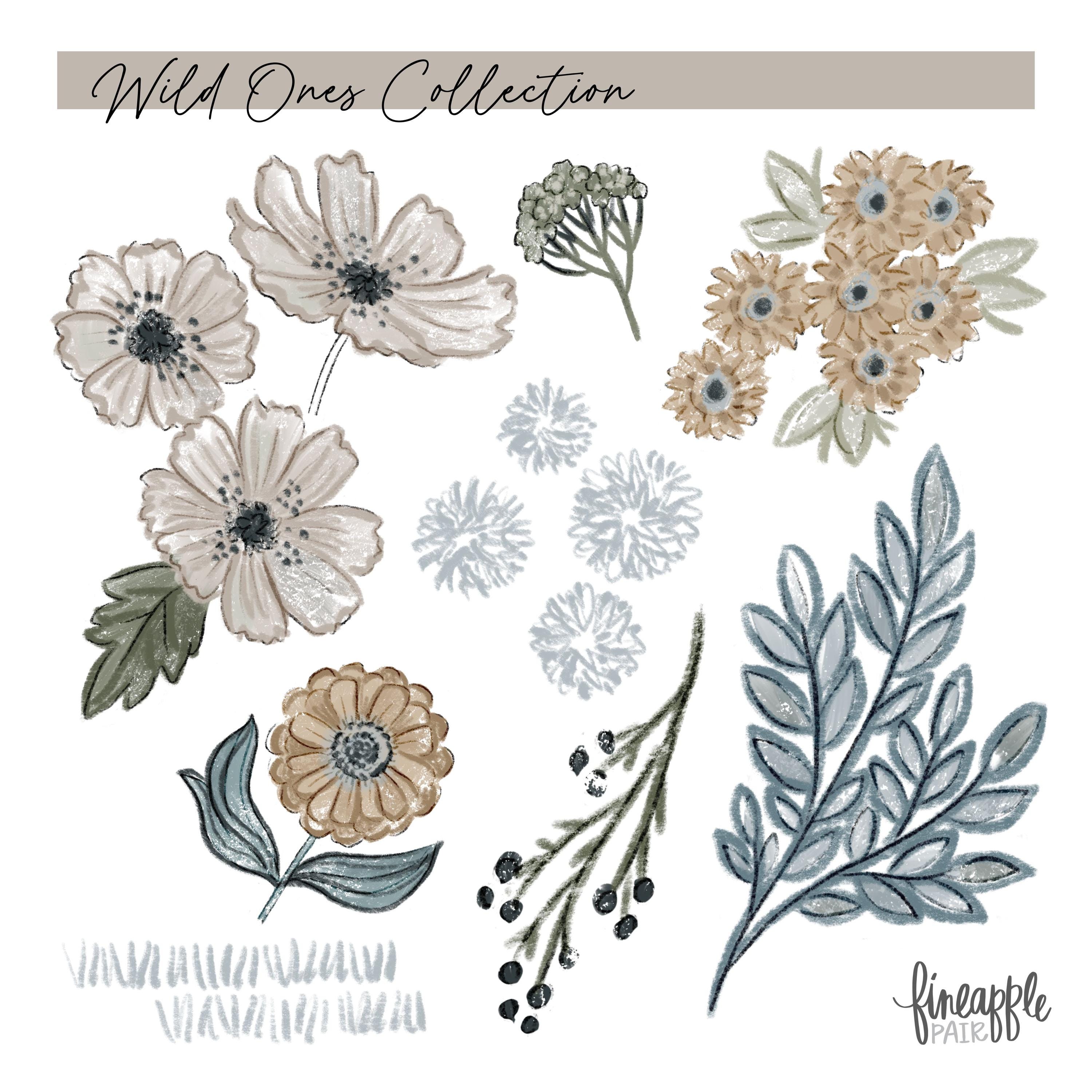 Boho Floral Clipart: Hand-drawn Flowers, Slate Blue, Olive Green (PNG ...