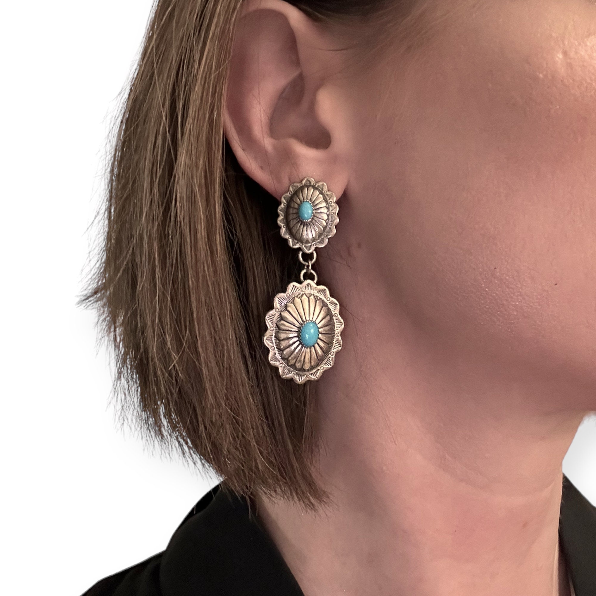 Vintage Navajo Sterling Silver Turquoise Concho Dangle Earrings - Etsy