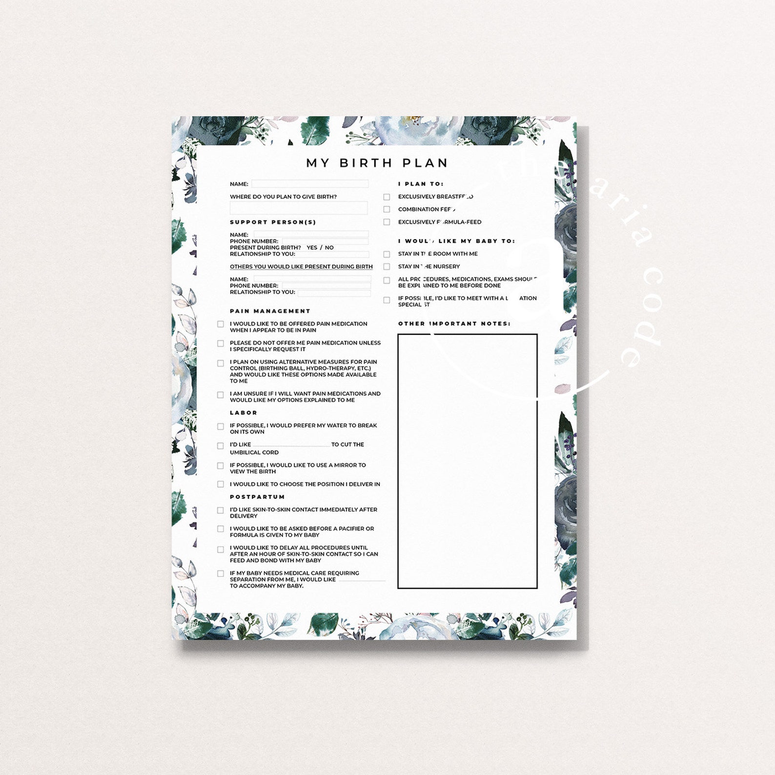 Printable Birth Plan Template / Easy to Use Birth Plan / Mother's ...