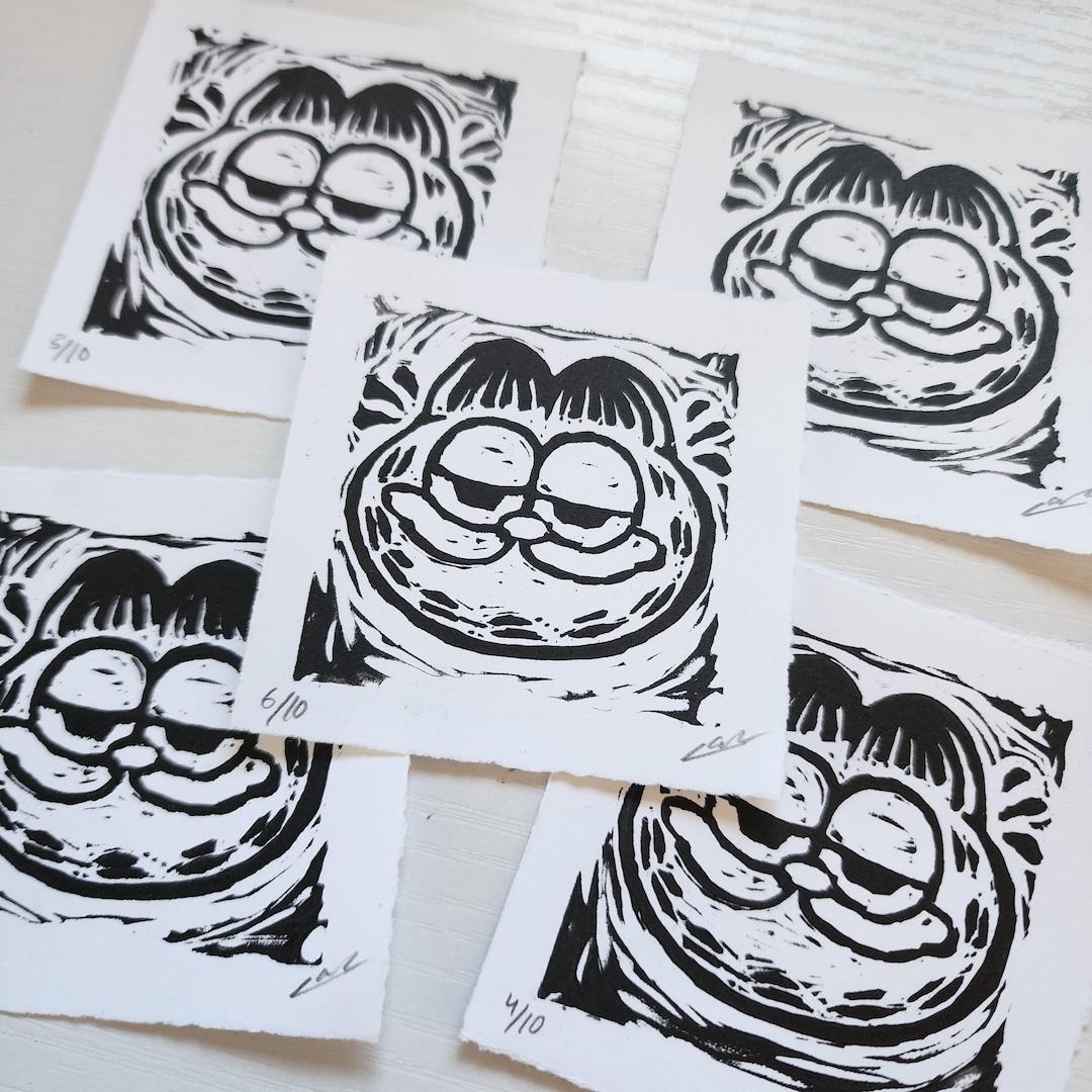 Fat Cat LINOCUT Mini Print - Etsy
