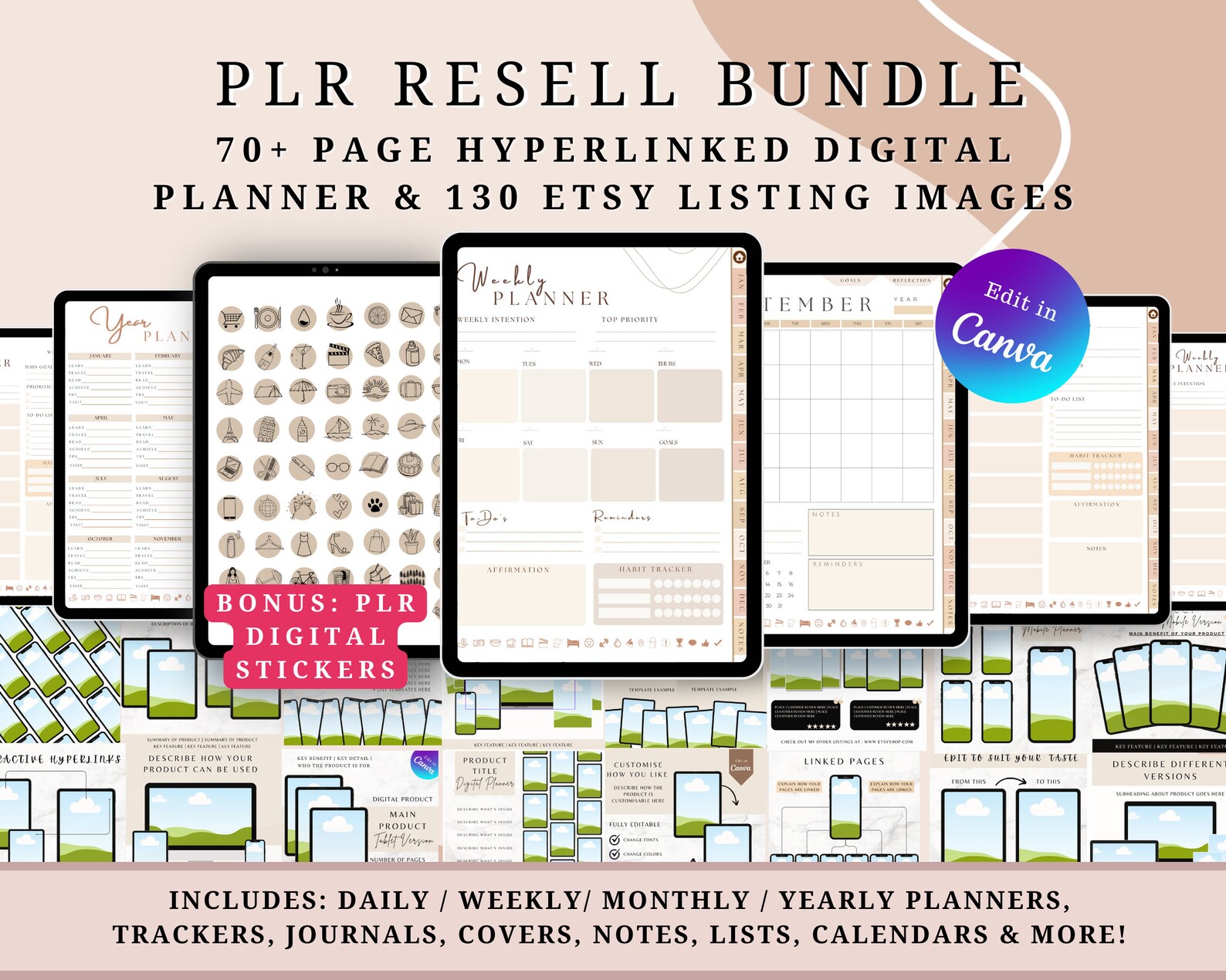 PLR Resell Digital Planner & 130 Etsy Listing Mockup Bundle, Canva ...