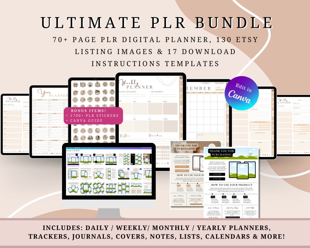 PLR Resell Bundle, Commercial Use Digital Planner, 130 Etsy Listing Mockups & Digital Download ...