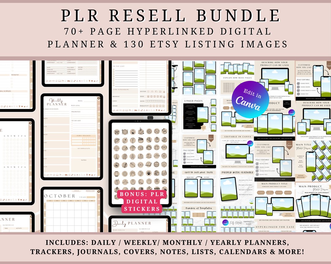 PLR Resell Digital Planner & 130 Etsy Listing Mockup Bundle, Canva ...