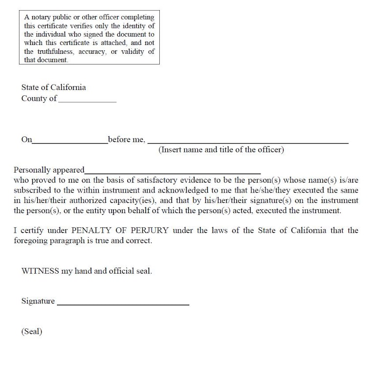 CA (california) Notary Public Acknowledgement - Etsy