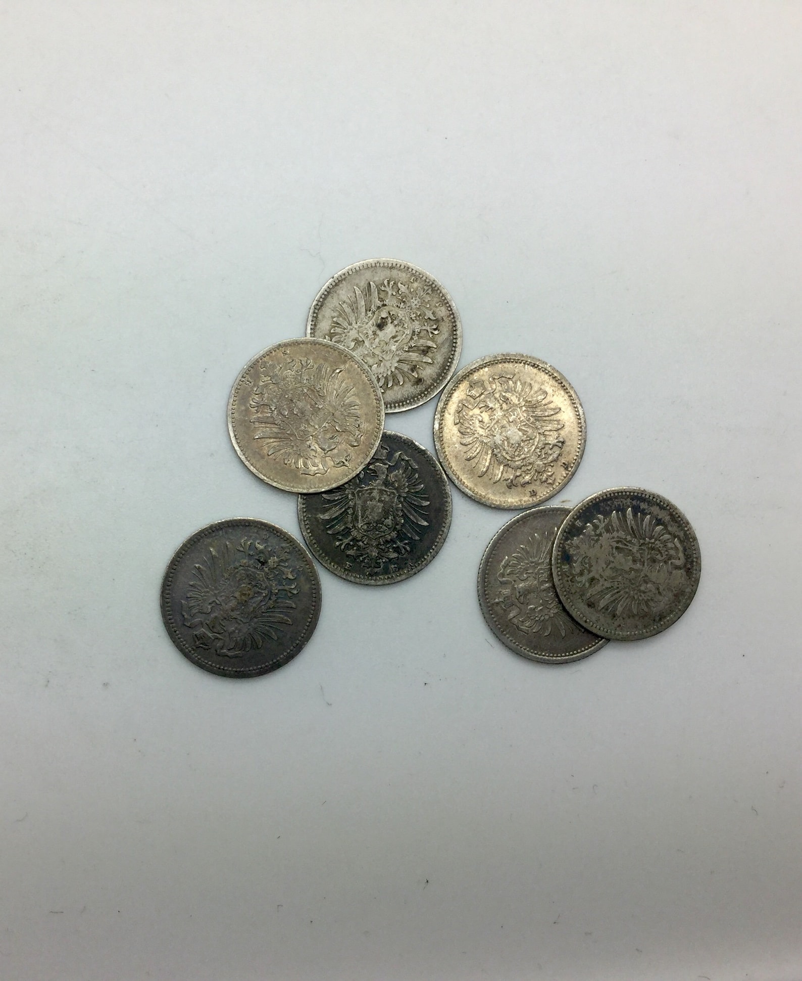 Germany German Empire Lot of 7 Silver 20 Pfennig Coins 1874 D 1875 C ...