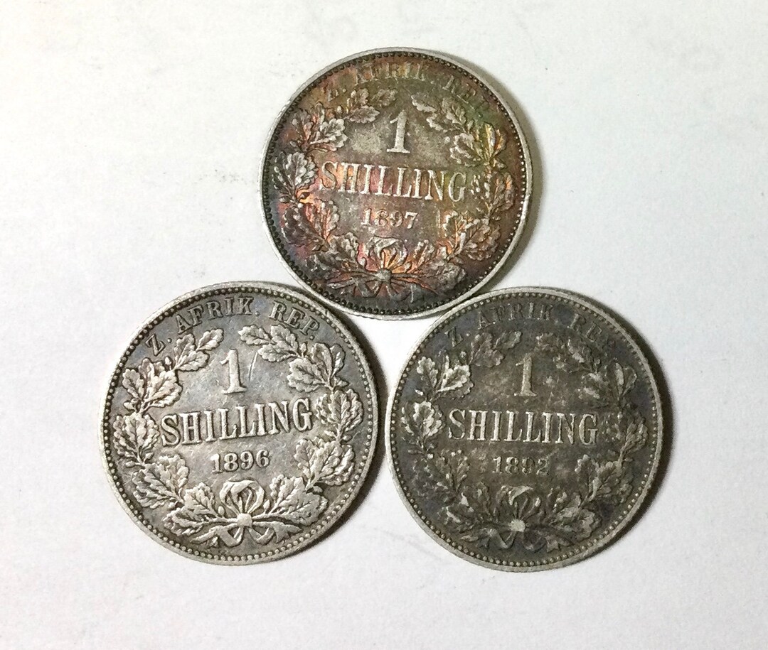 1892 96 & 1897 ZAR South Africa One Shilling Coins Paul Kruger Wreath ...