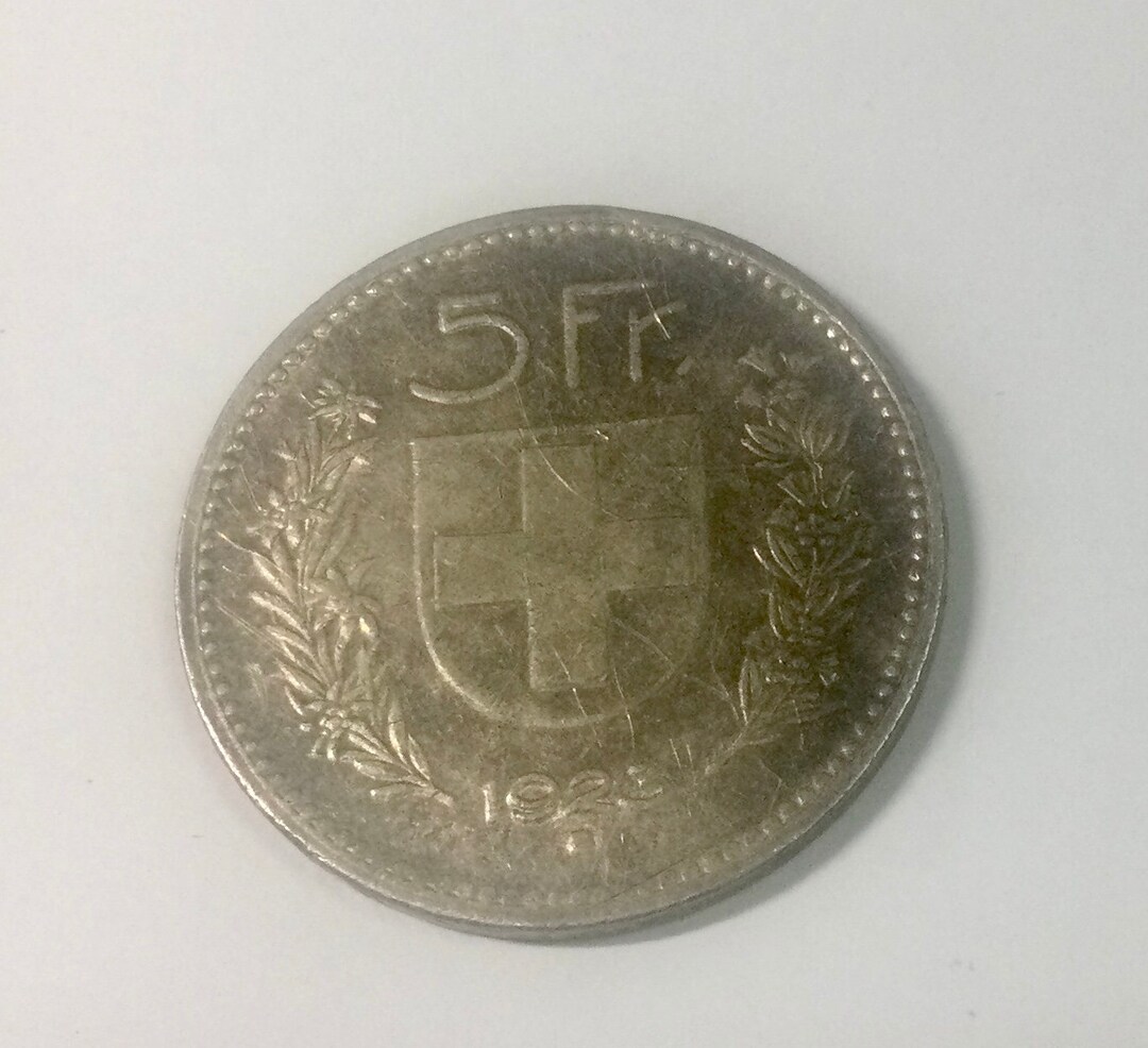 1923B Switzerland Crown Sized Silver Five 5 Francs Wreath Coat of Arms ...