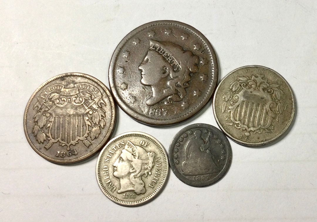 Five Piece Lot of 19th Century Type Coins 1837 LC 1864 2 Cent 1868 3 ...