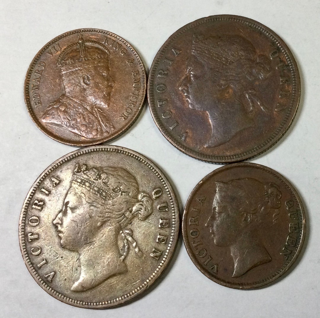 1845 1874 1888 & 1908 4 Coin Straits Settlement Lot All Bronze Victoria ...
