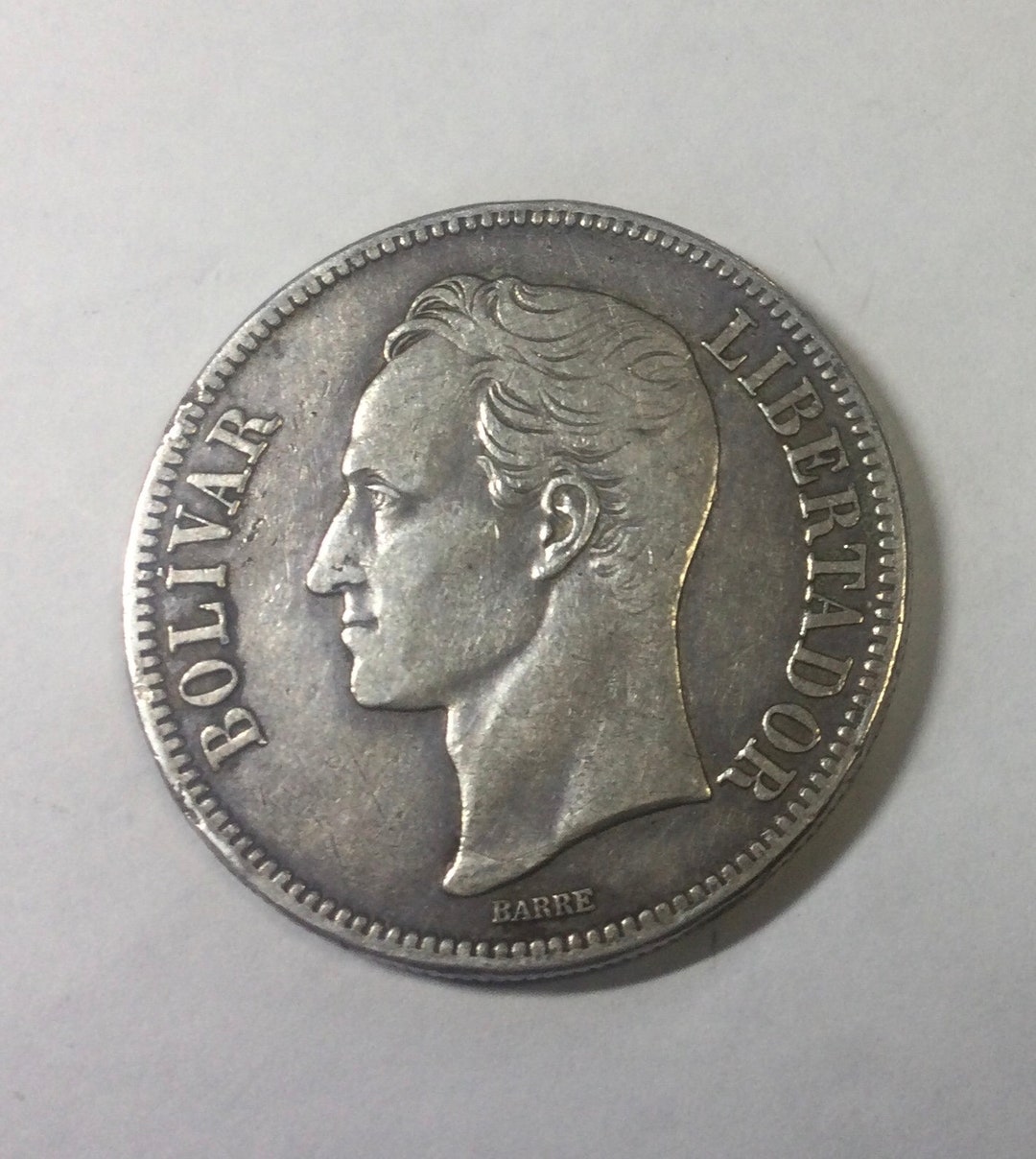 1929 Venezuela 5 Bolivares Silver Coin 900 Fine Silver Large Size Simon ...