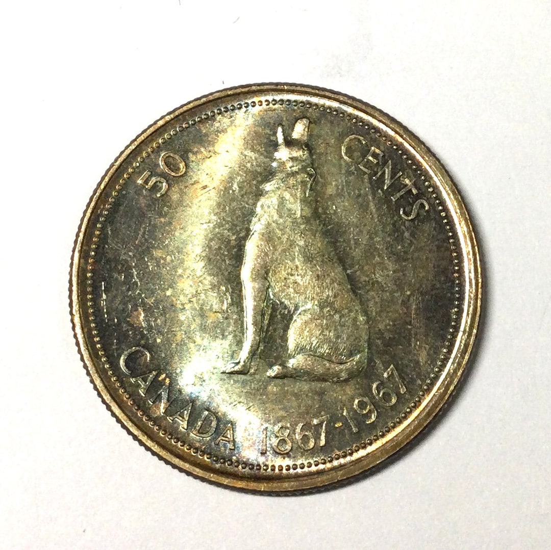 1967 Canada Centennial Silver Fifty Cents Wolf Animal Coin Toned ...