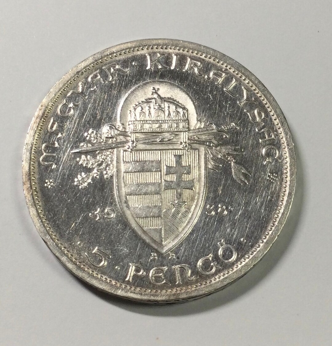 1938 Hungary Five Pengo Silver Coin Magyar Crown Religious Symbol ...