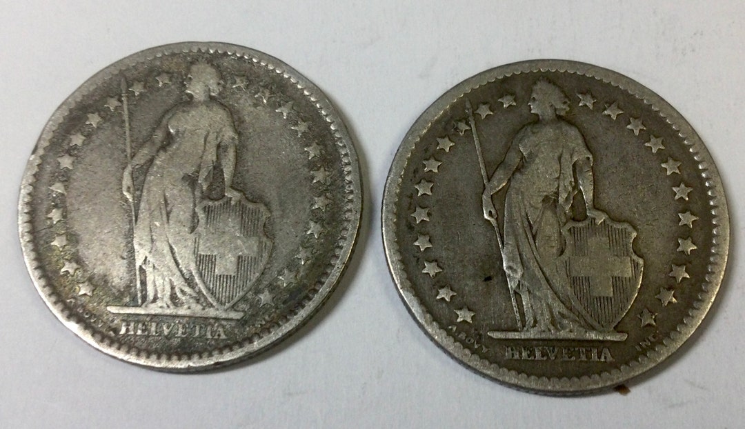 1875 & 1878 Switzerland 2 Francs Helvetia Standing Shield Spear Stars B ...