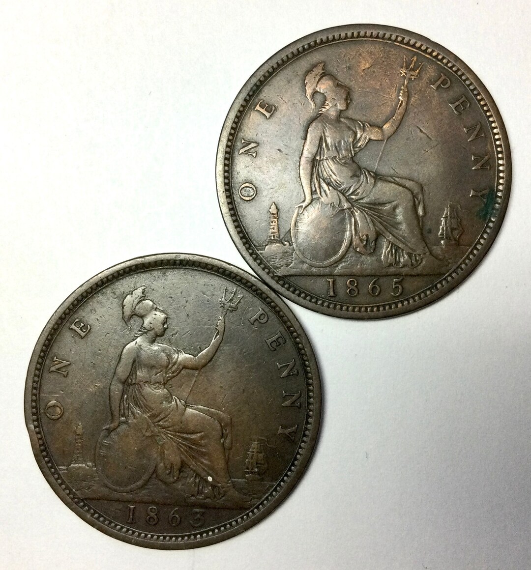 1863 & 1865 Great Britain Bun Head Bronze Large British Penny Very ...
