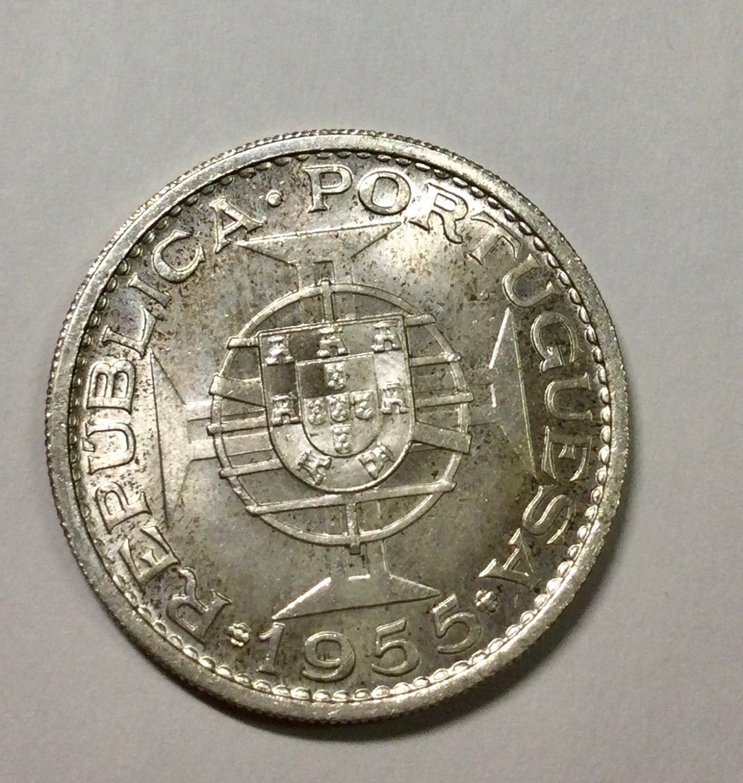 1955 Angola 20 Escudos Silver Coin Nice Mint State KM74 Portuguese ...