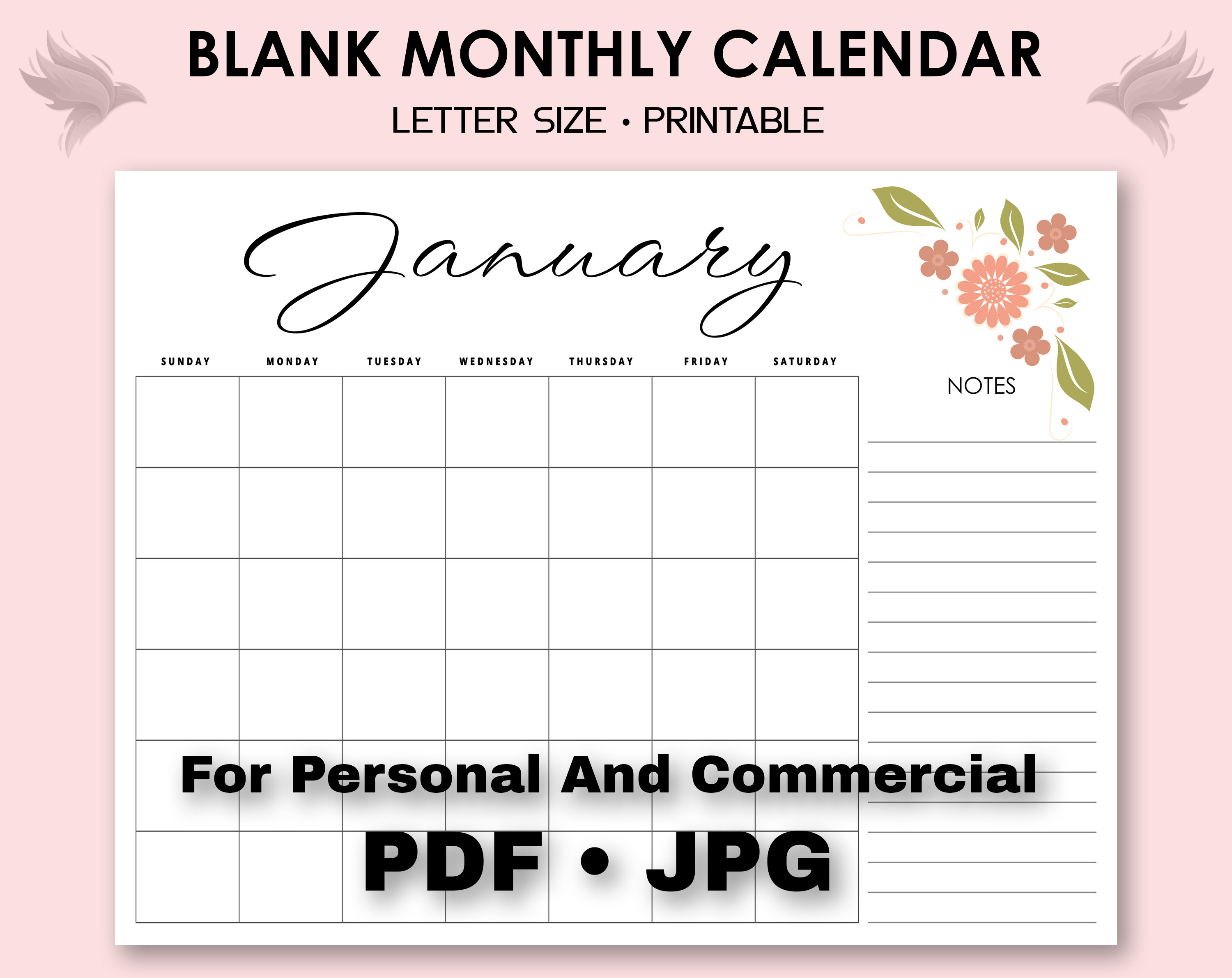 Blank Monthly Calendar Printable Landscape Commercial Use, Blank ...