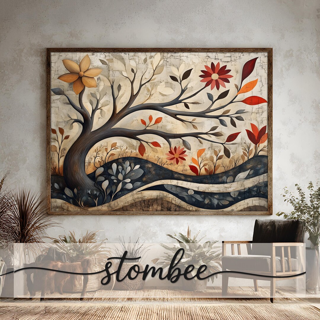 Rustic Scandinavian Tree Art Print – Textured Autumn Leaves (digital ...