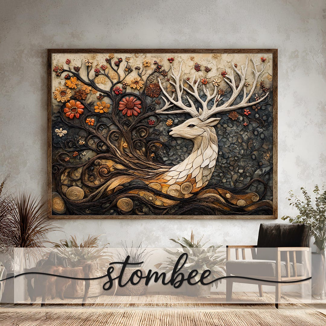 Scandinavian Stag Print – Textured Folk Art, Woodland Decor (digital ...