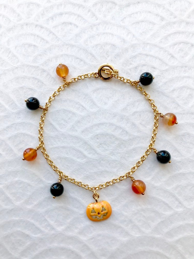 WEDNESDAY Bracelet - Cute Ghost or Pumpkin Gold-plated Charms, Onyx and ...