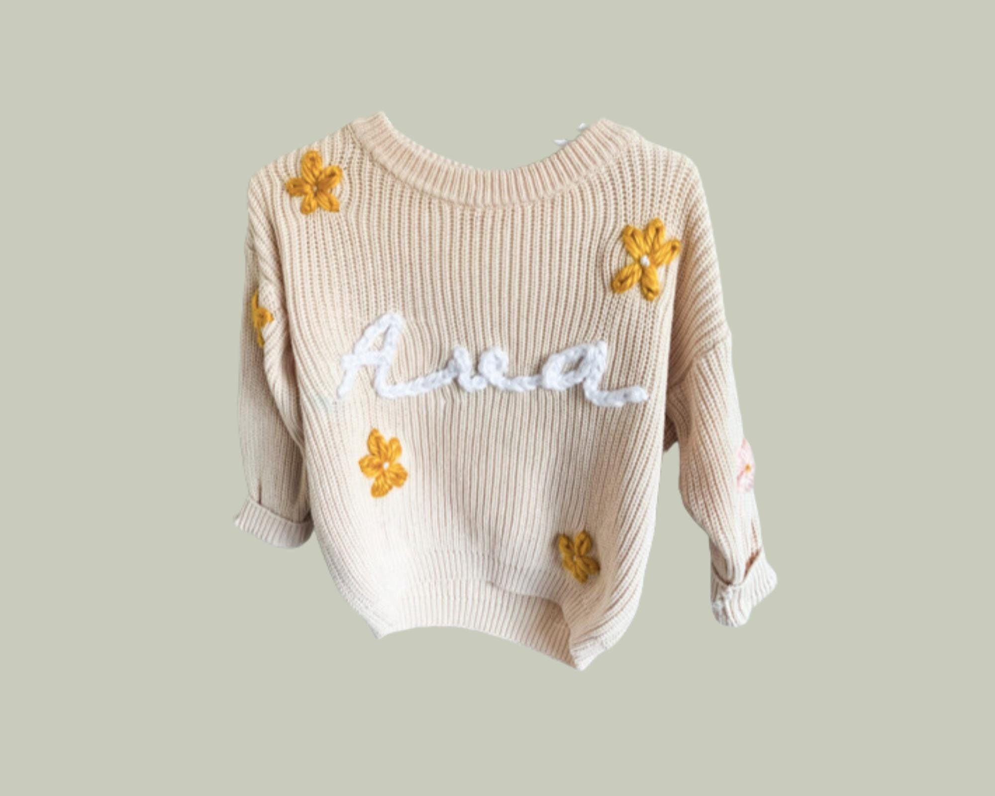 Hand Embroidered Sweater With Personalized Name and Flowers, Custom ...