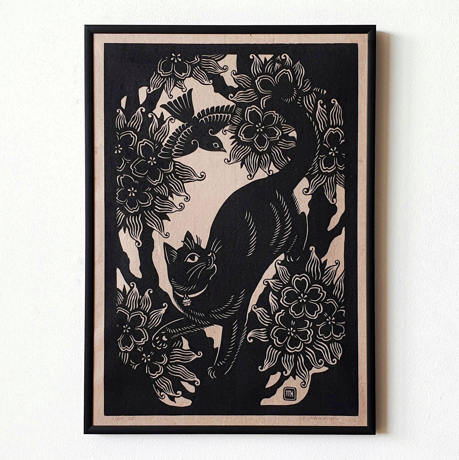 The Black Cat Linocut Art Print. Printed With a Hand-carved - Etsy