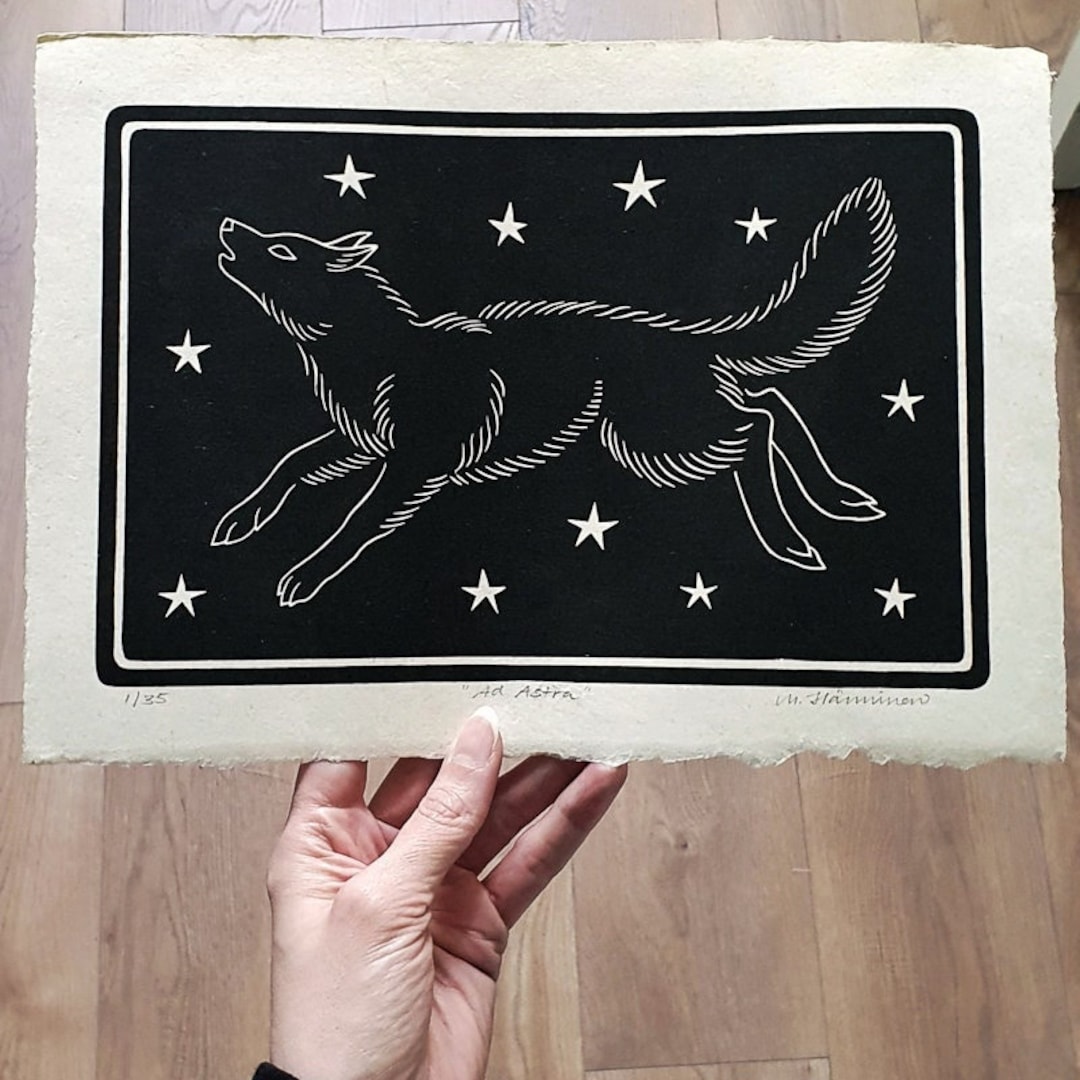 Ad Astra - Original Handmade Linocut Print of a Lone Wolf and Starry ...