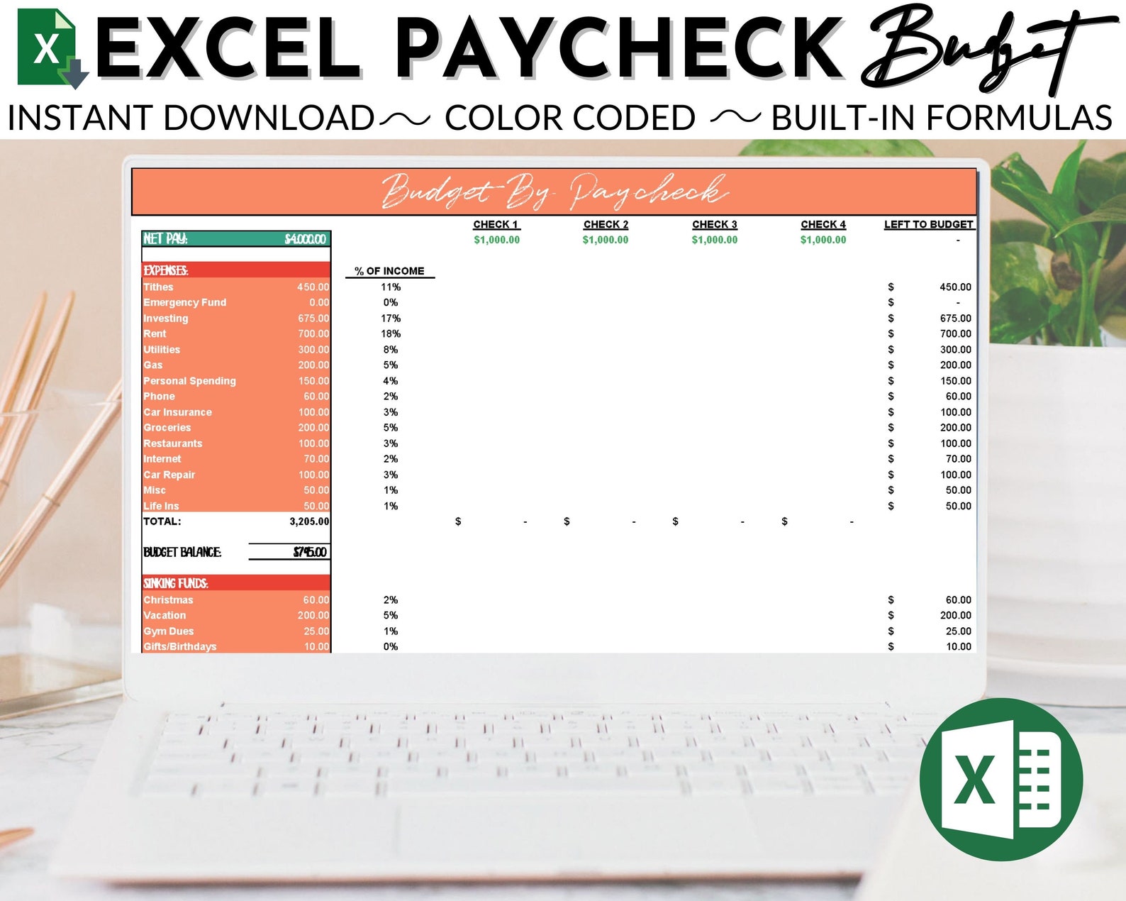 Excel Paycheck Budget Template,excel Gift, Finance Gift,budget by ...