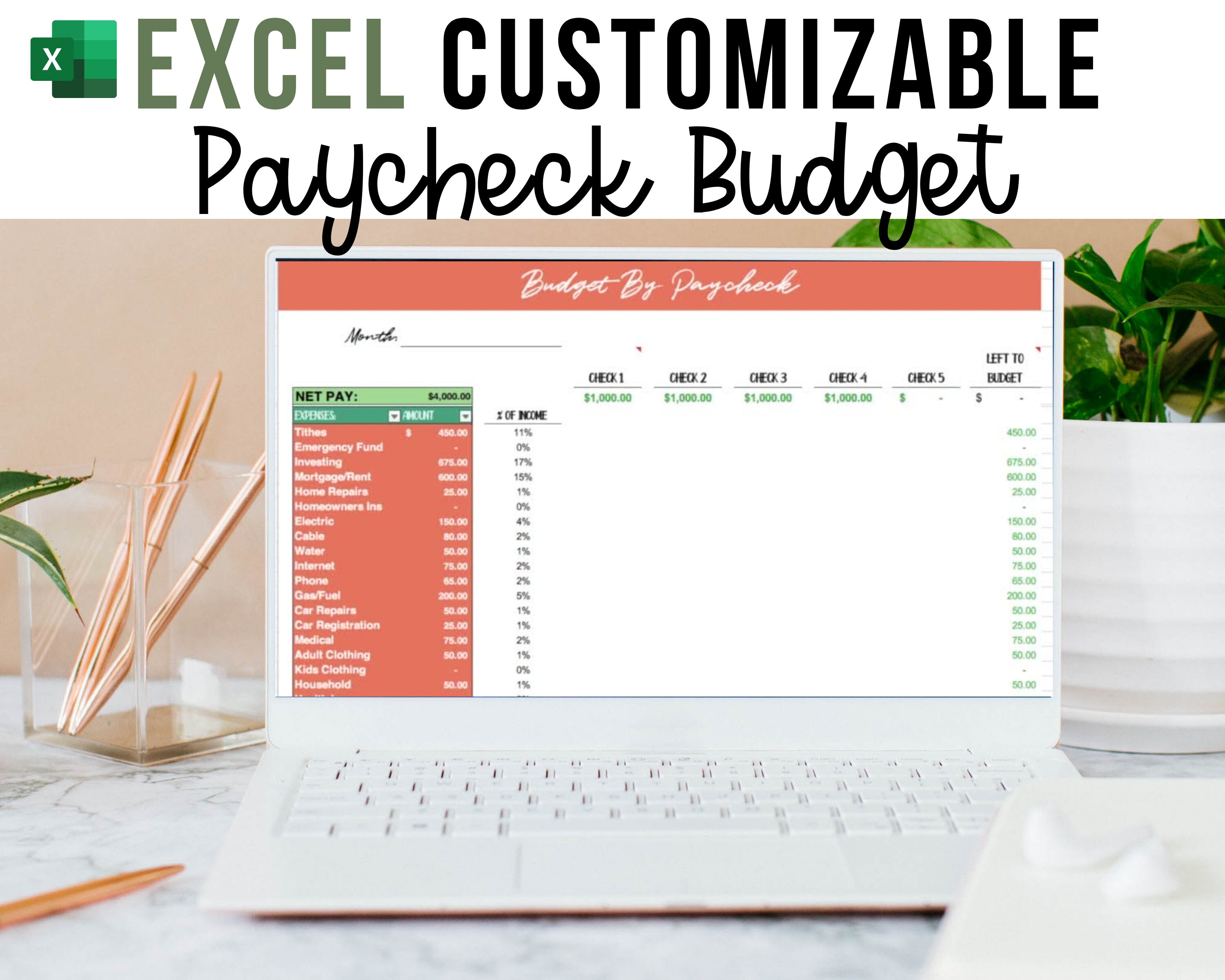 Excel Paycheck Budget Template,excel Gift, Finance Gift,budget by ...