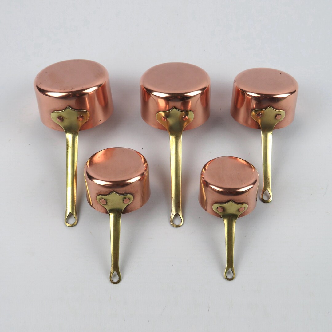 5 Small Copper Pans With Brass Handles & Copper Rivets, Graduated ...