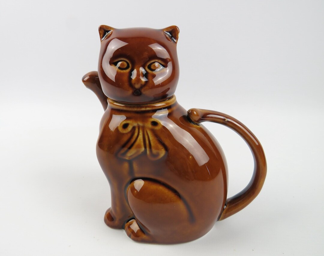 Vintage Chinese Cat Teapot, Brown Glazed Faience Cat-shaped Teapot ...