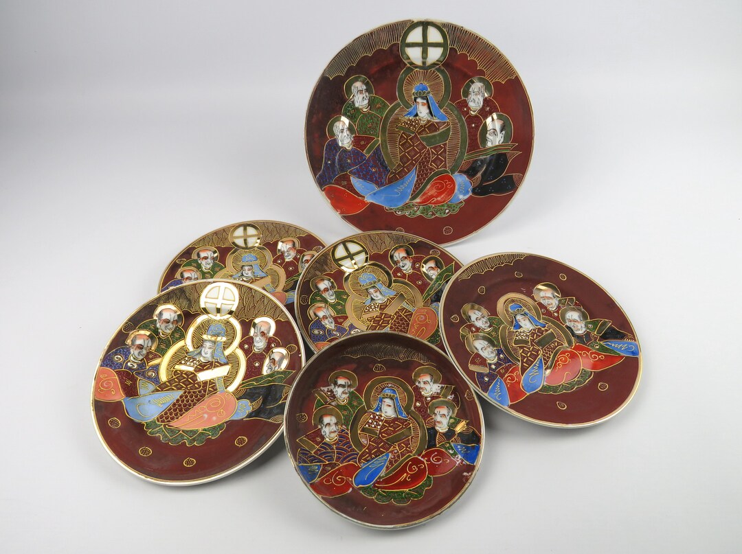 Vintage Japanese Satsuma Moriage Plate Set, 6 Japan Porcelain Eagle ...