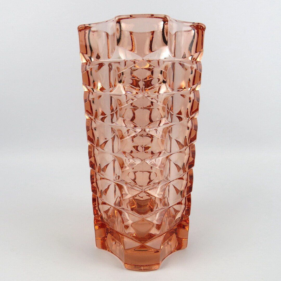Large Art Deco Pink Glass Vase, Diamond Column Blush Glass Vase, Pink ...