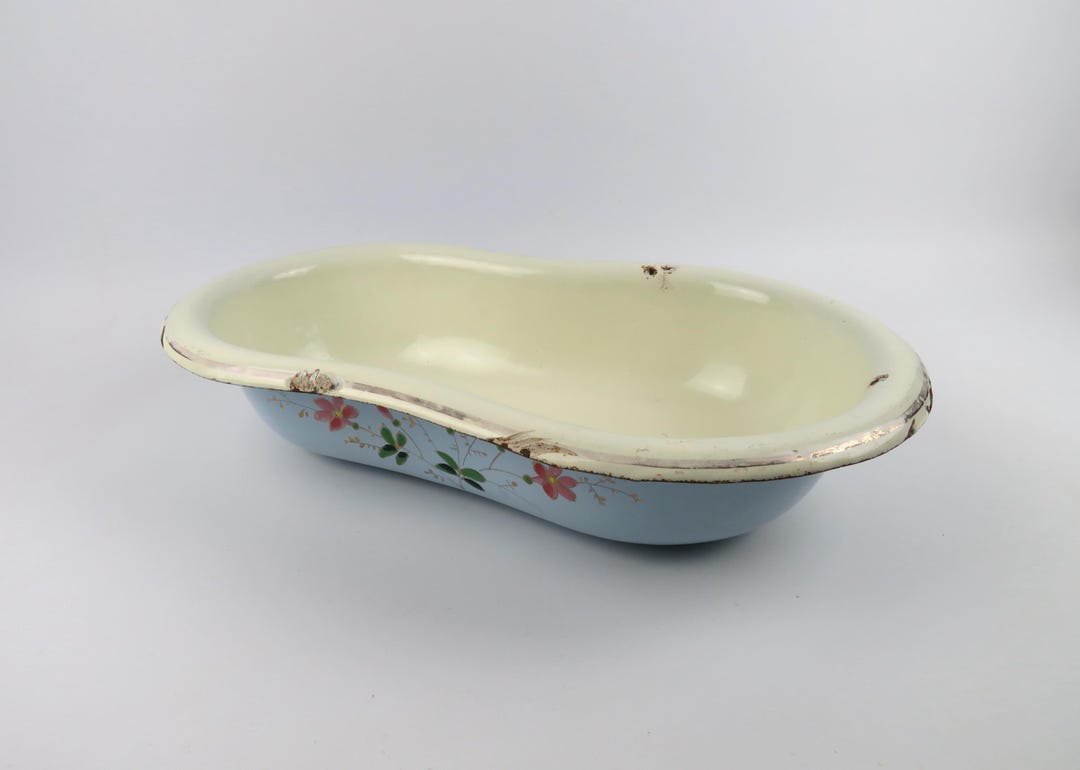 Antique French Enamel Bidet, Light Blue Sheet Metal Floral Enamel Basin ...