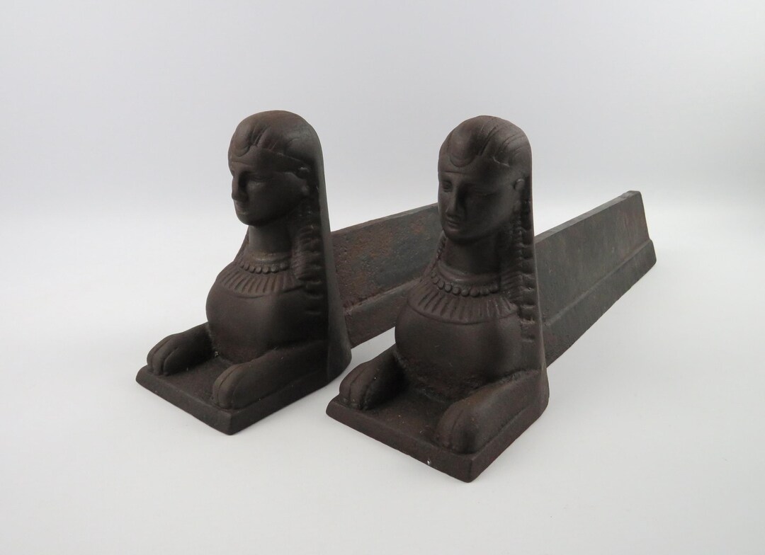 Pair of Cast Iron Sphinx Andirons, Orientalist Sphinx Busts, Figurative ...