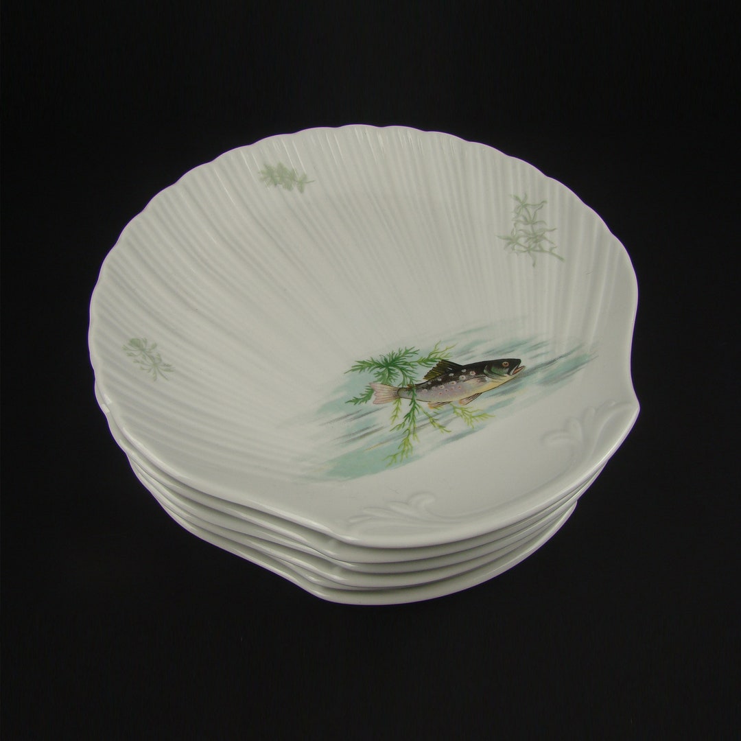 Shell Shaped Fish Plate Set, Scallop Shape Plates, 6 French Fish Plates ...